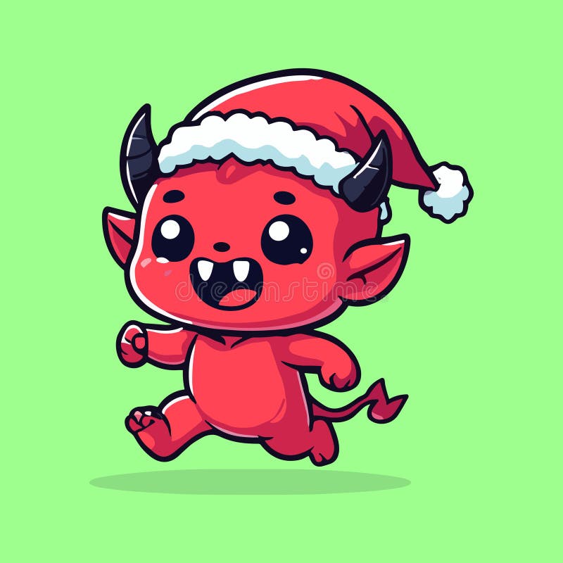 Cartoon Red Devil Baby in Santa Hats Running Green Background Stock ...