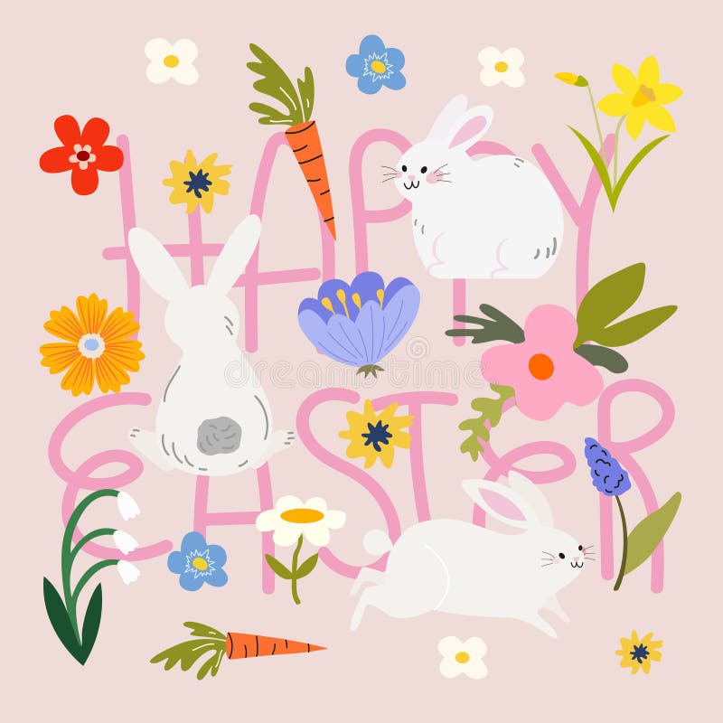 Happy Easter. Spring Elements, Rabbits, Wild Flowers, Christian Holiday ...