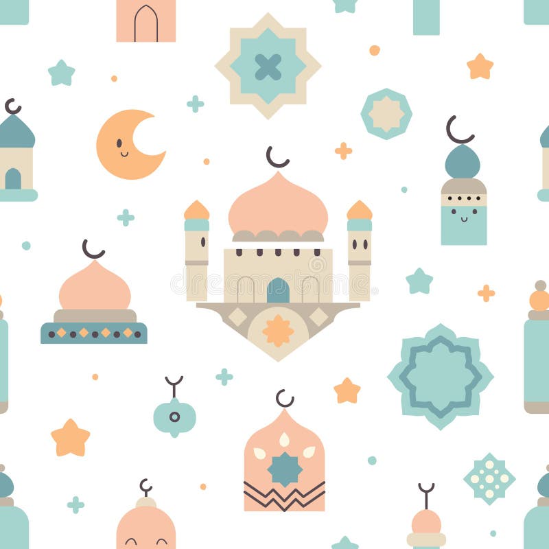 Cute Islamic Ramadan Seamless Pattern on White Background Stock Vector ...