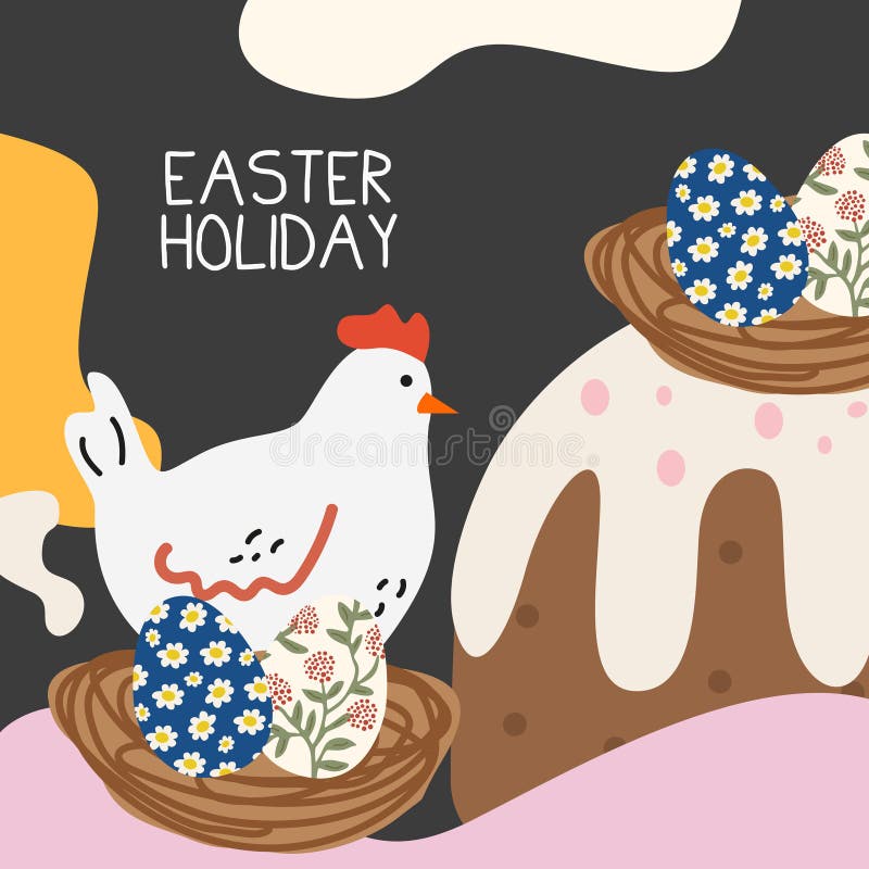 Abstract Easter Retro Poster with Easter Cake, Eggs, Chicken. Greeting ...