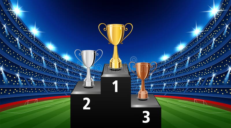 Illustration of a Winners Podium with Trophy Cups on a Soccer Stadium ...