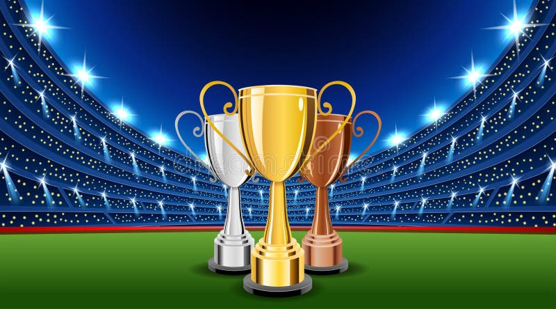 Gold, Silver and Bronze Trophy Cup on Stadium Stock Illustration ...