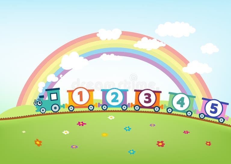 Cartoon Train and Five Multicolored Carriages Numbered, Rainbow Stock ...