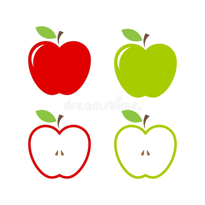 Apple Icon. Set of Red, Green, and Half Apple with Leaf Vector. Stock ...