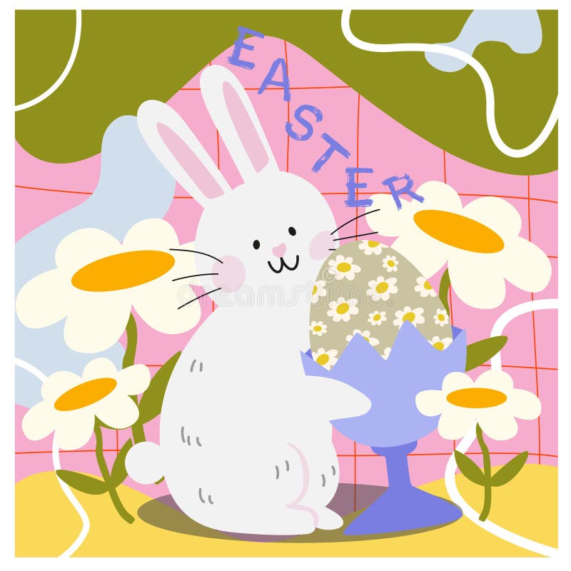 Easter Greeting Card with White Bunny, Easter Egg and Spring Flowers. Christian Spring Holiday ...