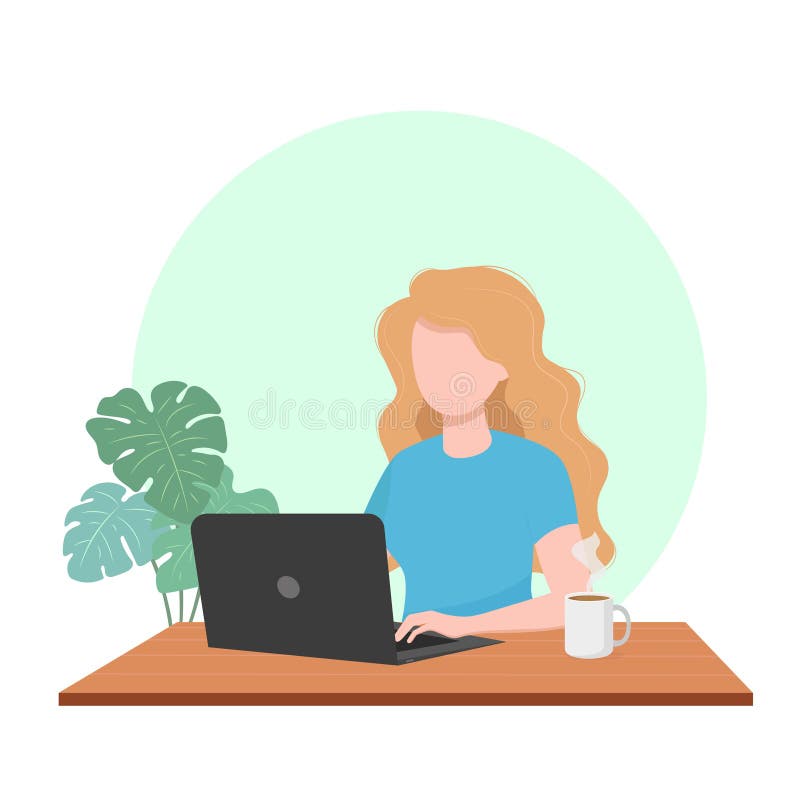 A Woman with Blond Hair Working on a Computer in the Office or at Home ...