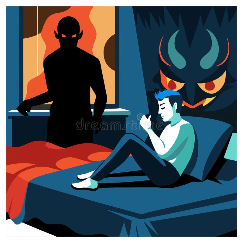 A Man Sits on a Bed, Staring at a Devil Head Next To Him, Creating a ...