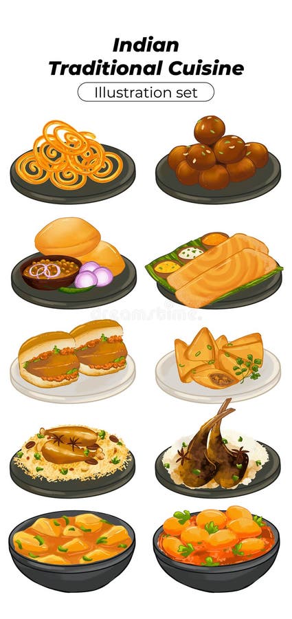 Indian Iconic Dishes Collection – Traditional Indian Food Illustration ...