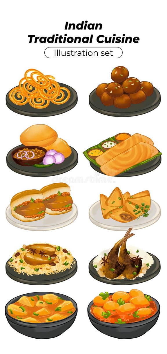 Indian Iconic Dishes Collection – Traditional Indian Food Illustration ...