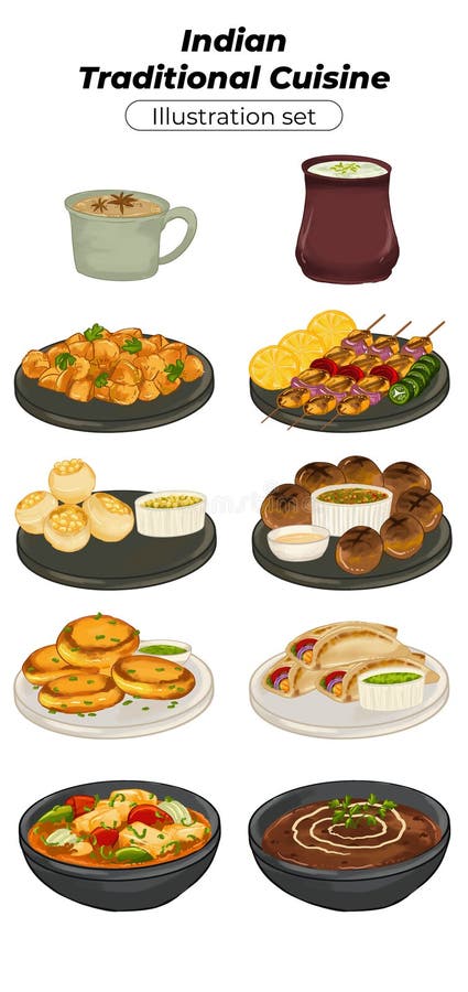 Indian Iconic Dishes Collection – Traditional Indian Food Illustration ...