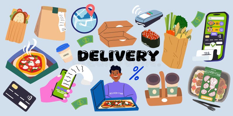 Delivery Food. Food and Ready Lunches Retro Stickers. Collection of ...