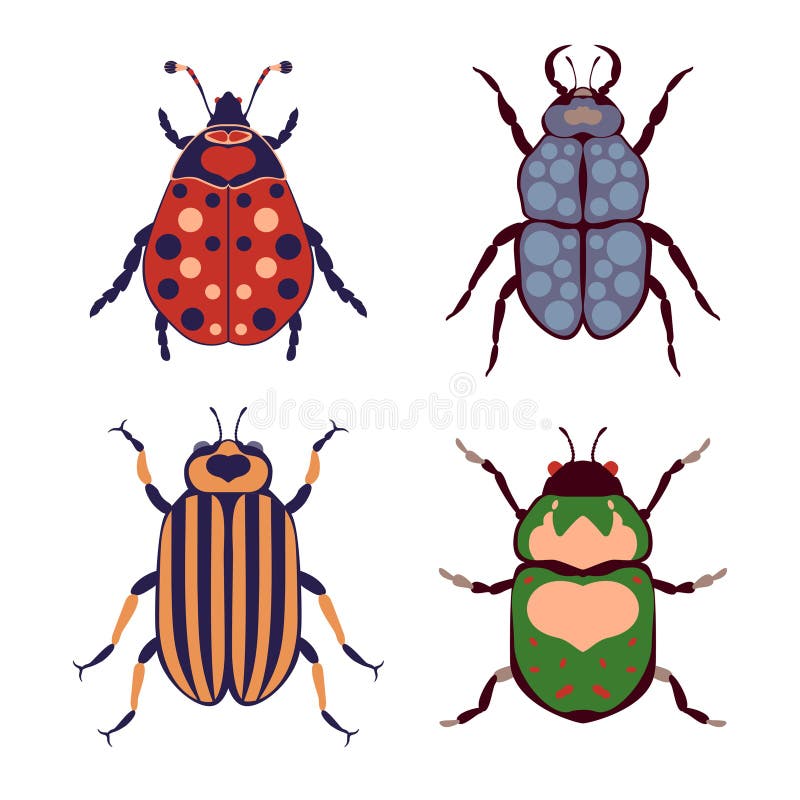 Beetles Set, Bugs with Abstract Pattern Vector Illustration on White ...