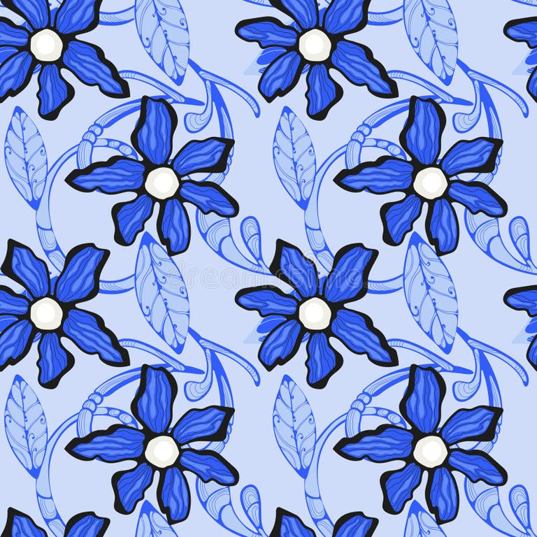 Blue Pattern, Drawing in Vector. Seamless for Print on Wallpaper, Paper ...