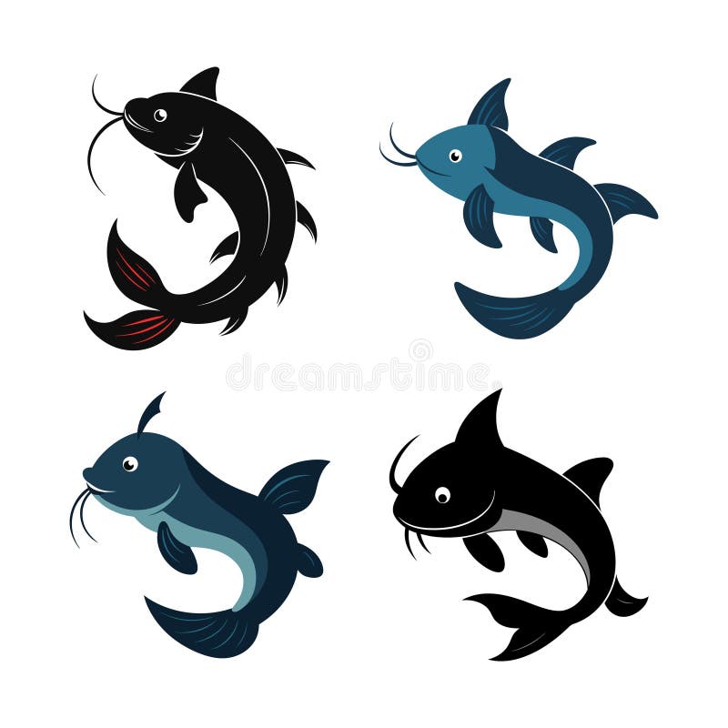 Four Cartoon Catfish Illustrations in Black and Blue Stock Vector ...
