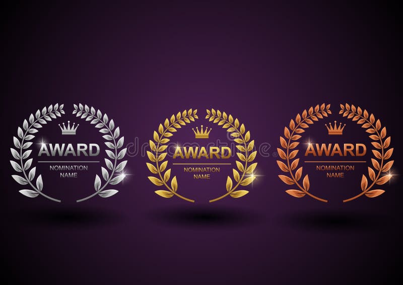 Set of Gold, Silver and Bronze Laurel Wreath. Winner Label, Leaf Symbol ...