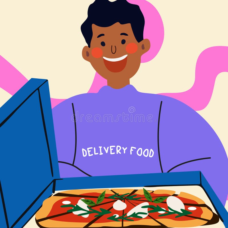 Delivery Courier Man in Uniform Holding Pizza Box. Fast Food Online ...