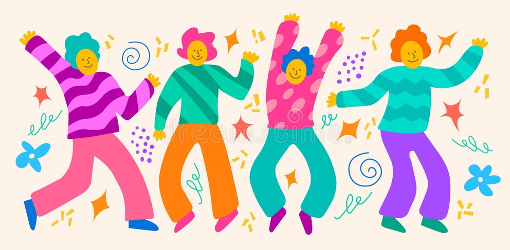 Dancing Cheerful People Men and Women Vector Colorful Illustration ...