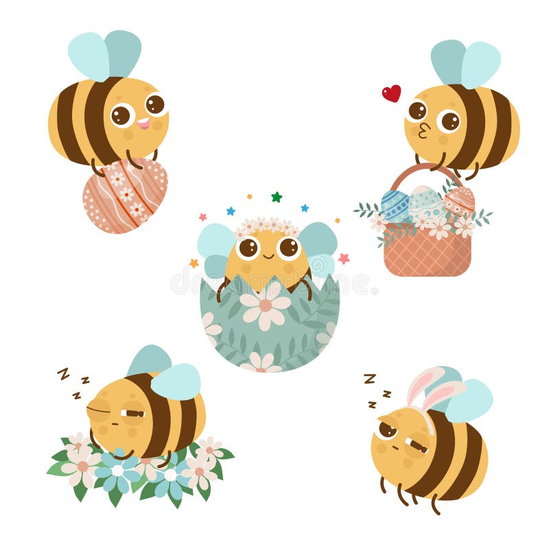 Cute Cartoon Bee Easter Set with Eggs. Easter Decorative Elements for ...