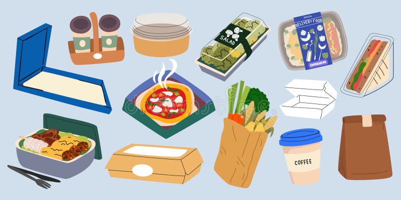 Vector Icon Collection of Delivery Food. Fast Food Delivery Cartoon ...