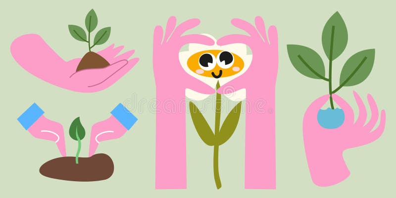 Eco Retro Stickers Set. Grow Plants, Botanical Cultivation, Green ...