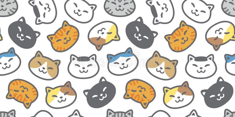 Cat Seamless Pattern Smiling Face Head Kitten Calico Cartoon Doodle Pet ...