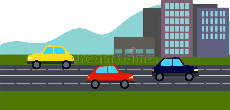 Simplified Cartoon Cityscape with Cars Driving on Highway with High ...