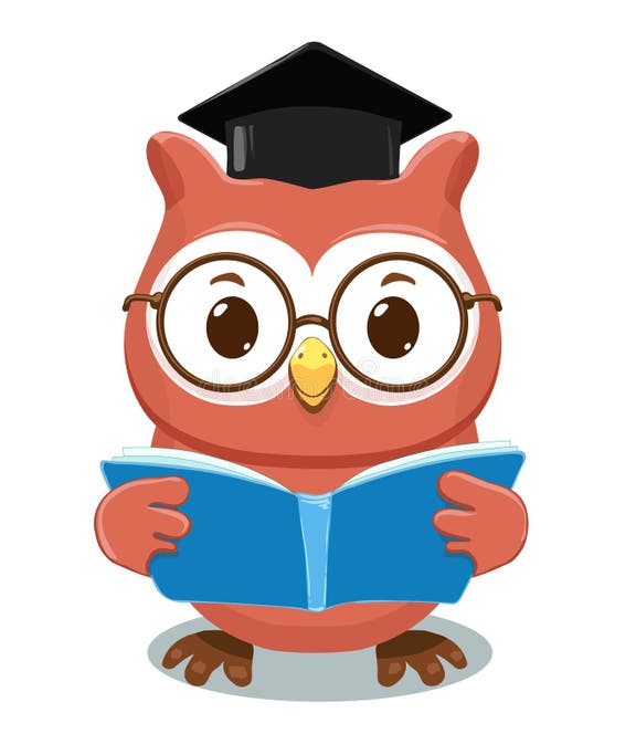 Cute Cartoon Owl with Graduation Cap and Round Glasses Holds a Blue ...