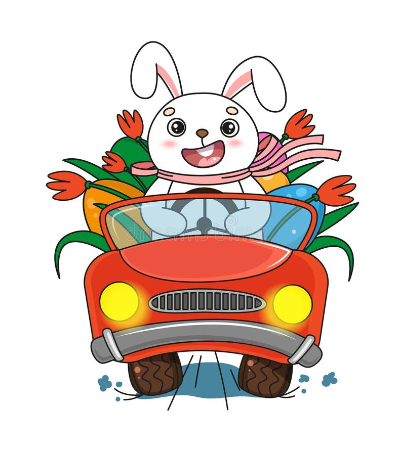 Easter Greeting Postcard. Cute Cartoon White Rabbit Driving a Car ...