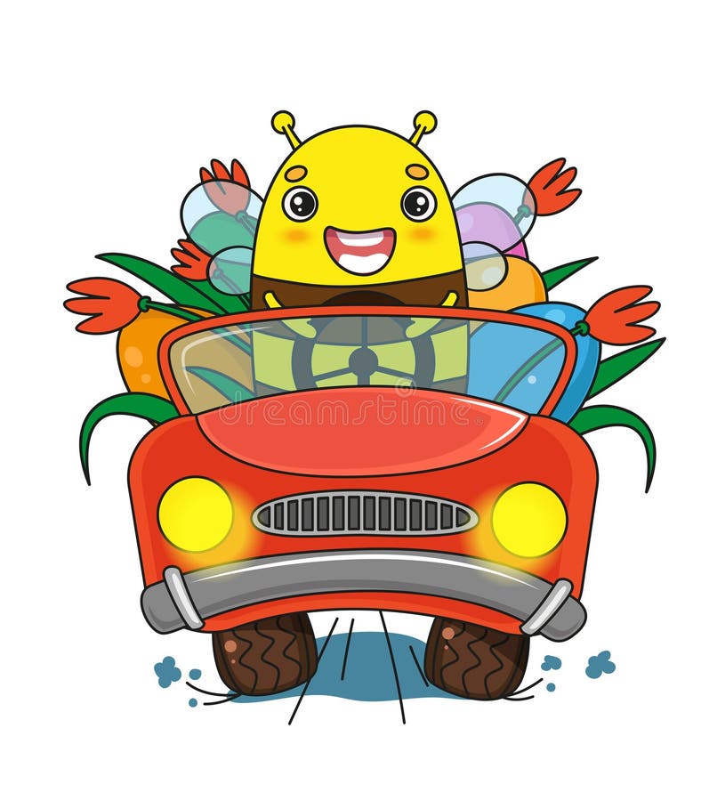 Easter Greeting Postcard. Cute Cartoon Bee Driving a Car with Eggs and ...