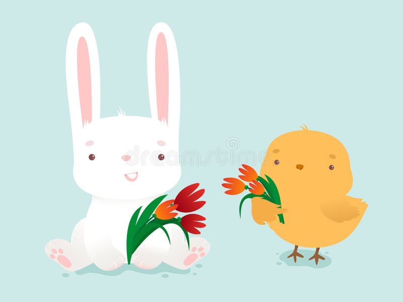 Cute White Rabbit and Yellow Chicken with Spring Flowers. Easter ...