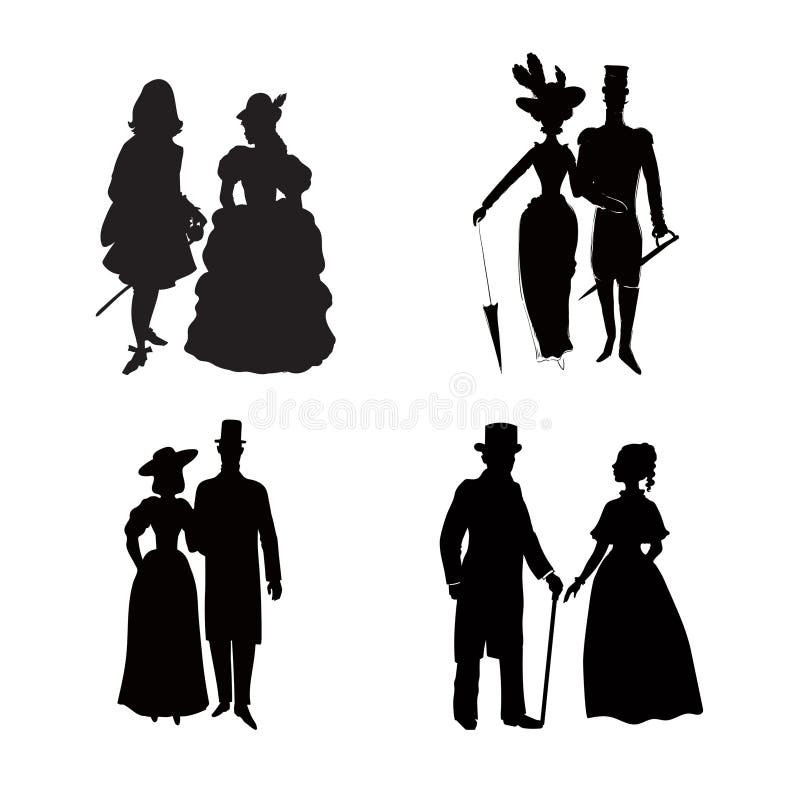 Retro Figures, Historical Fashion. Couple in Love, Ladies and Officer ...