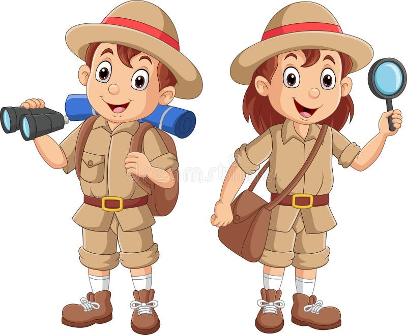 Cartoon Explorer Kid Couple Holding a Magnifying Glass and Binocular ...