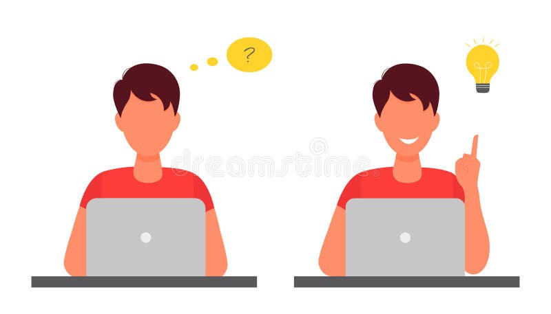 Young Man Working at a Computer Thinking about Solving Problems and ...