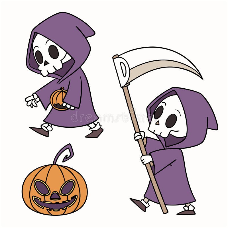 Cartoon Illustration Grim Reapers beside a Pumpkin Stock Illustration ...