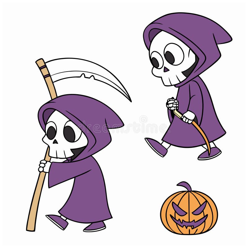 Cartoon Illustration Grim Reapers beside a Pumpkin Stock Vector ...