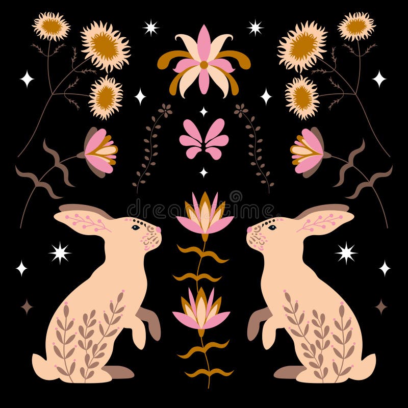 A Decorative Illustration Featuring Two Symmetrical Rabbits in a Folk ...