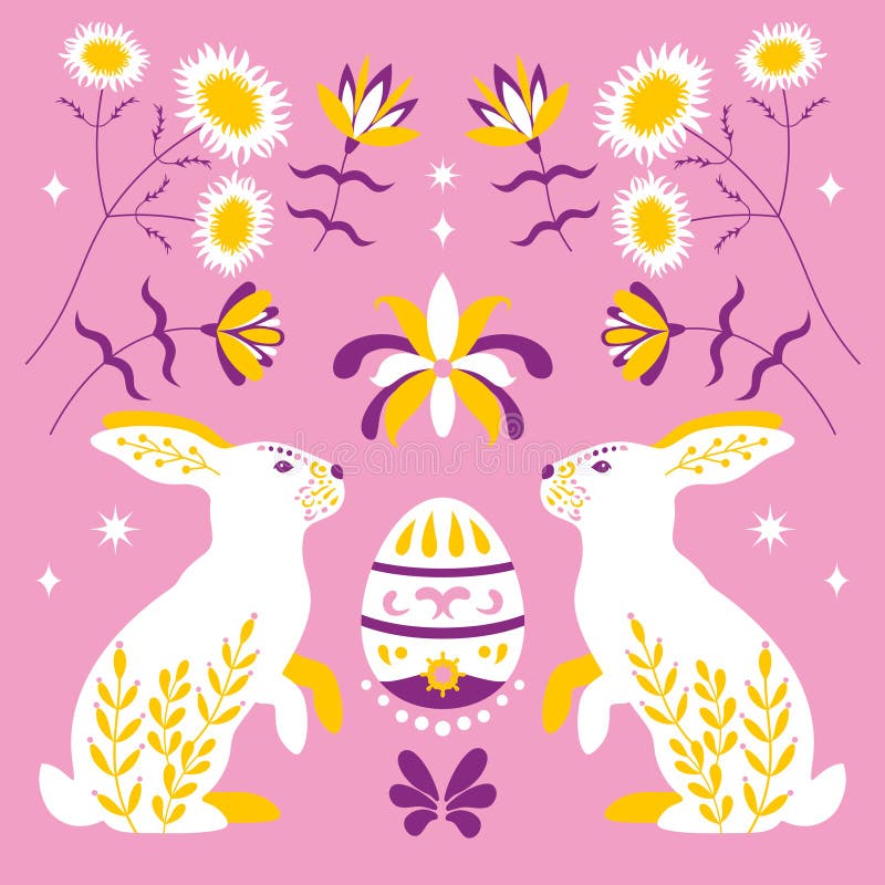 Decorative Easter Rabbits and Egg in Folk Art Style. Easter Greeting ...