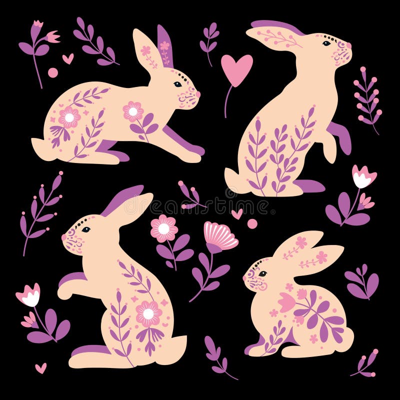 Floral Folk Art Rabbits on Black Background, Surrounded by Flowers and ...