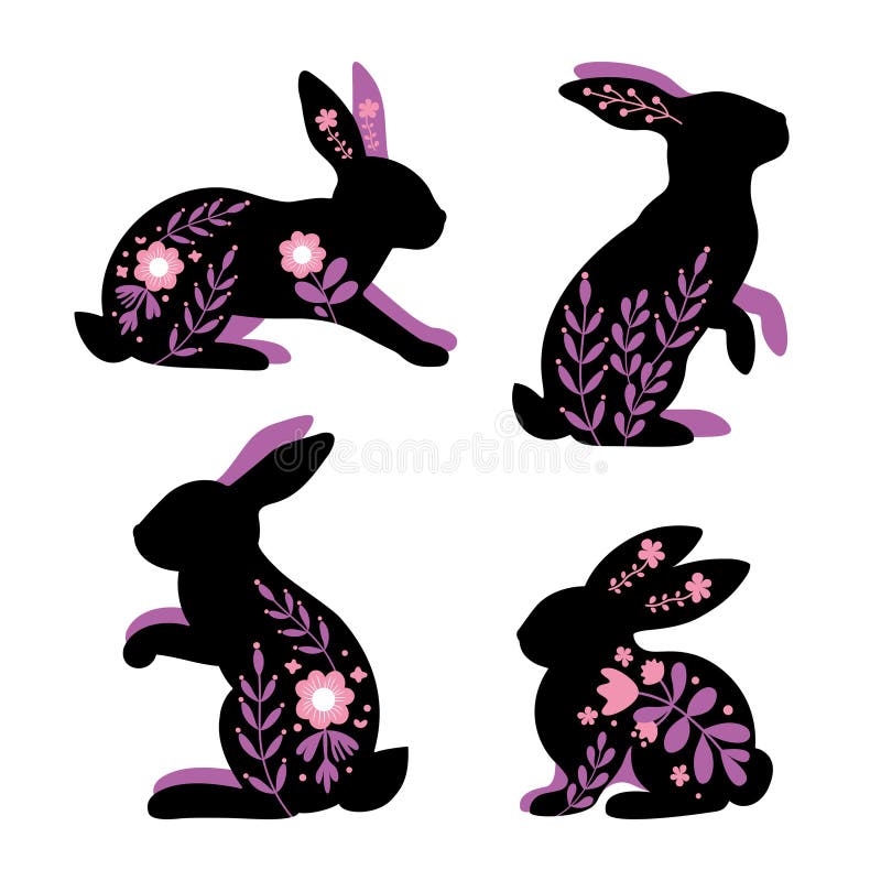 Floral Folk Art Rabbits on White Background Stock Illustration ...