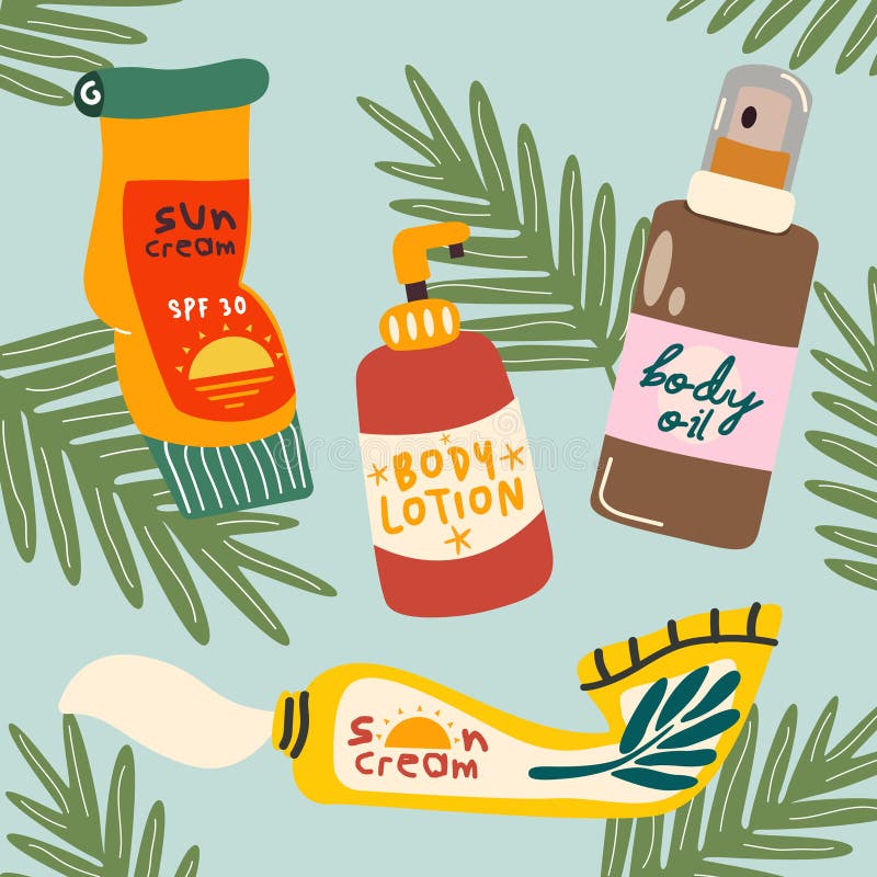 Sun Cream, SPF, Body Oil, Skin Lotion. Sun Safety Cosmetics Stock ...