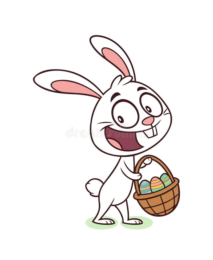 Cartoon Easter Bunny with Basket of Colorful Eggs Stock Illustration ...