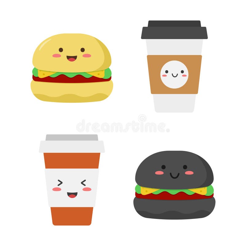 Set of Cute Plastic Coffee Cups and Burgers in Kawaii Style. Stock ...