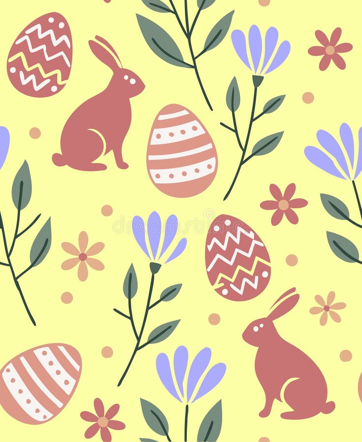 Colorful Easter Pattern with Bunnies, Eggs, and Flowers Stock Vector - Illustration of pattern ...