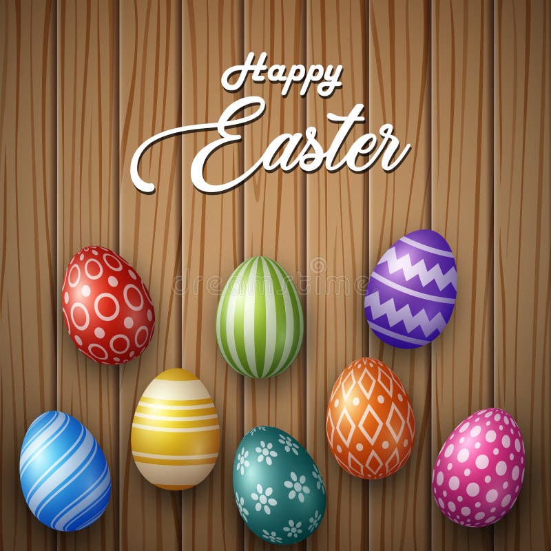 Happy Easter with Decorated Eggs Above Wooden Brown Background Stock ...