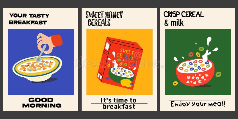 Vintage Posters with a Healthy Sweet Breakfast. Crispy Colorful Cereal ...