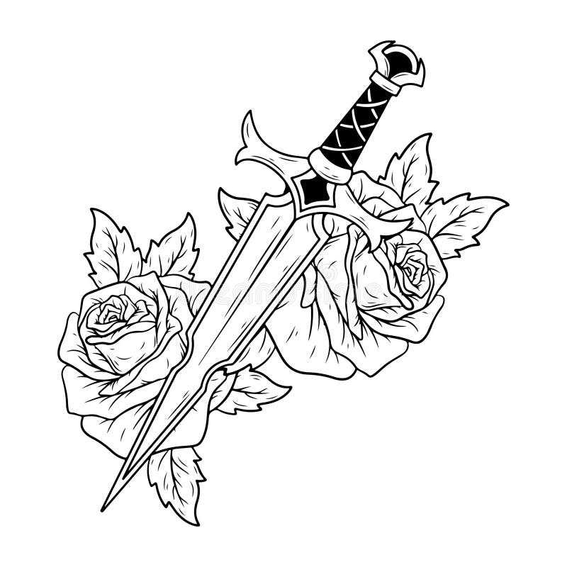 Vector Illustration of a Dagger with a Handle and a Bouquet of Roses ...