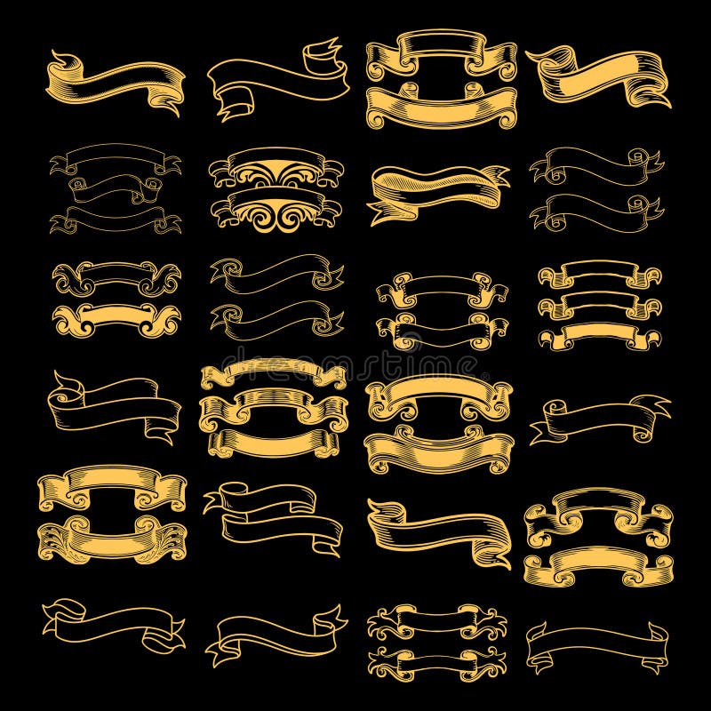 Hand-Drawn Detailed Scroll Golden Ribbons – Elegant Contour ...