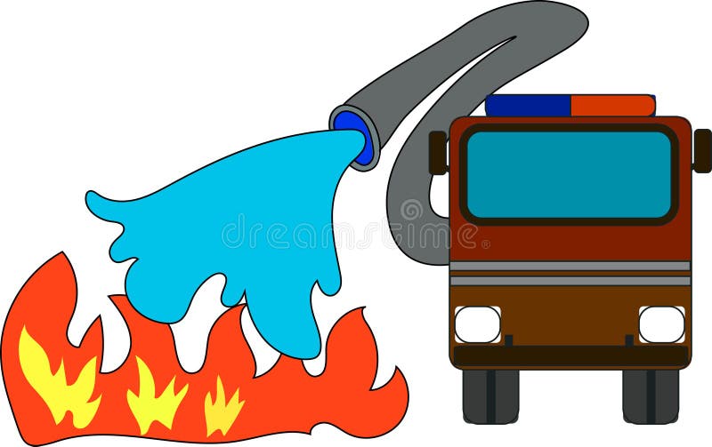 Cartoon Simple Fire Truck, Extinguishing Fire with Water from a Fire ...
