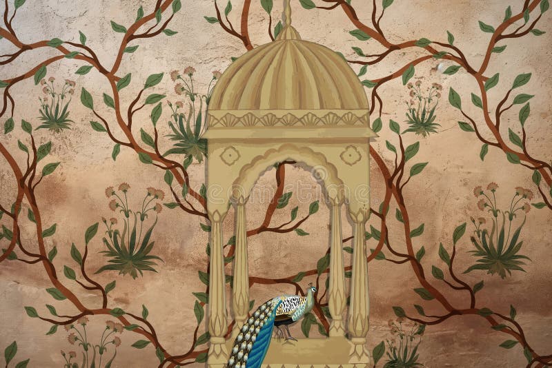 Traditional Indian Arch with Peacock and Floral Wall Mural Design Stock ...