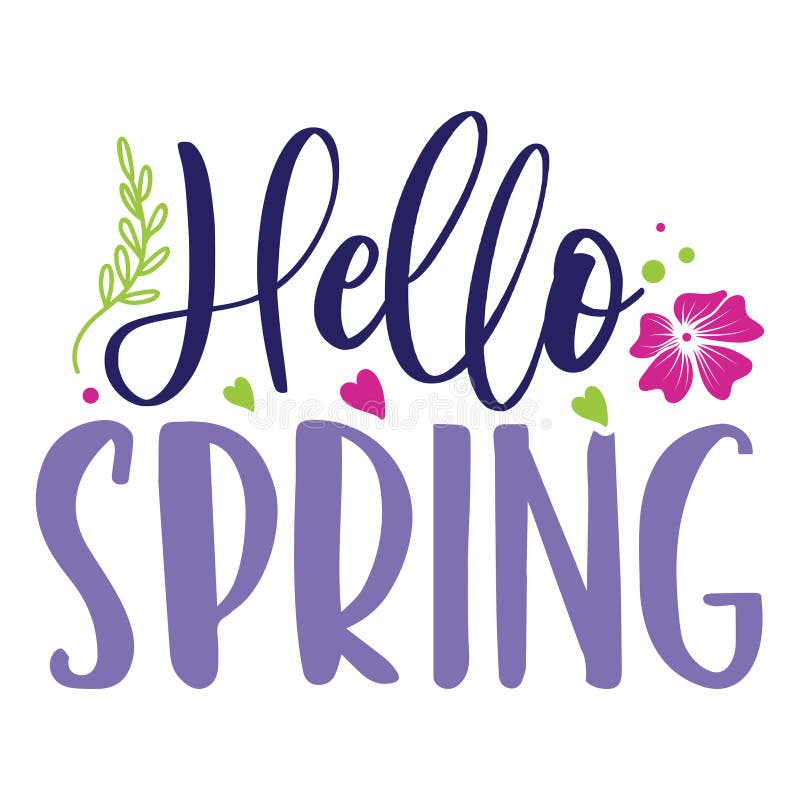 Hello Spring Whimsical Floral Design with Green Leaves, Pink Flower ...